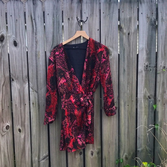 Zara | Dresses | Zara Trf Red Snakeskin Wrap Dress Long Sleeve Dress ...